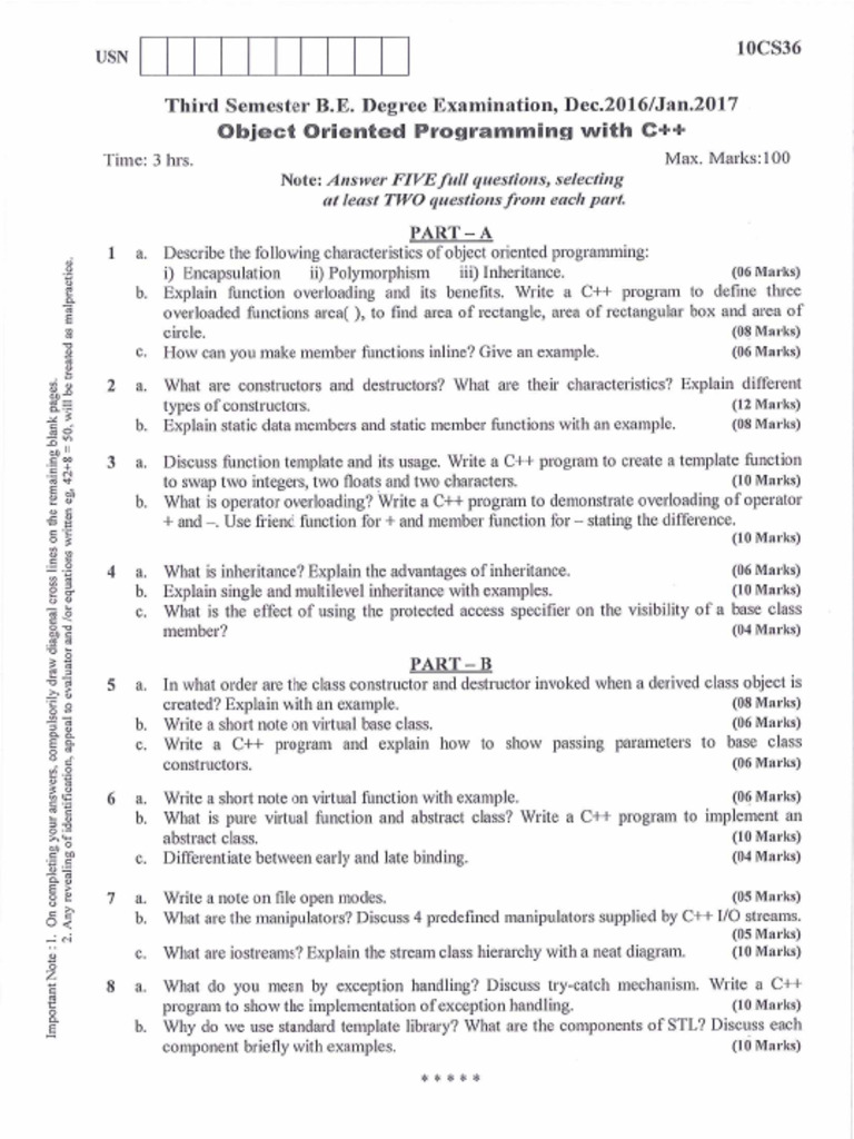 VTU Question Paper of 10CS36 Object Oriented Programming With C++ (III ...