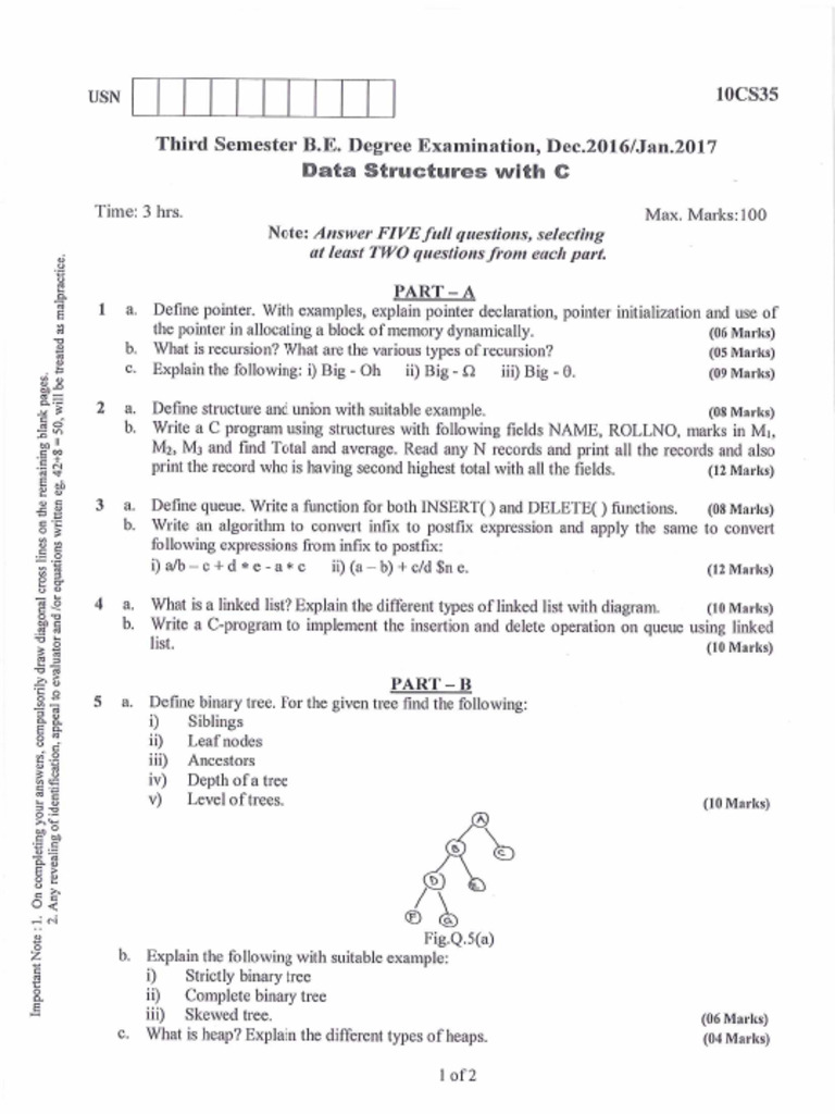 Vtu Question Paper Of 10cs35 Data Structures With C Iii Sem B E