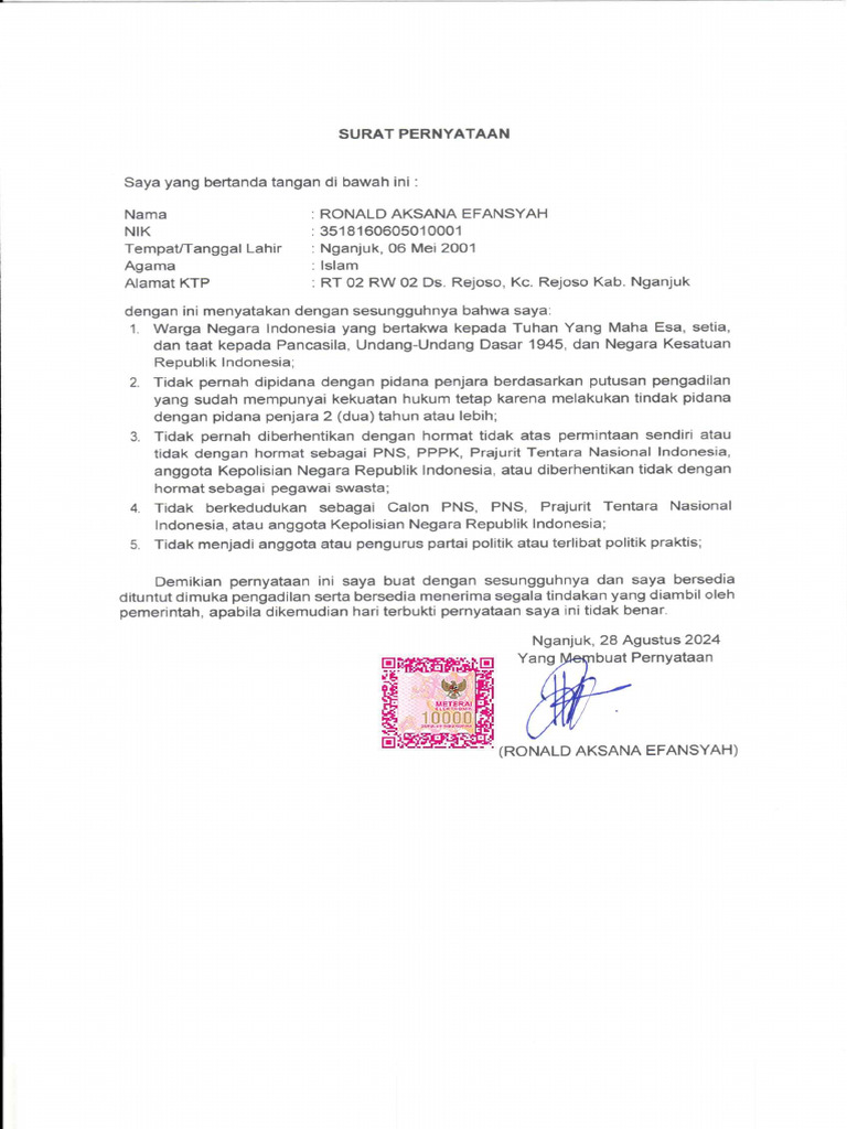 Surat Pernyataan 5 Poin + E-Materai | PDF