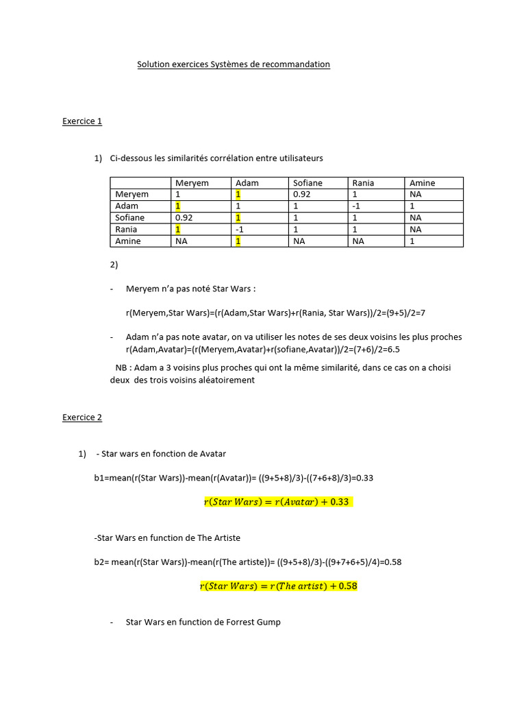 Solution exercices Systèmes de recommandation | PDF