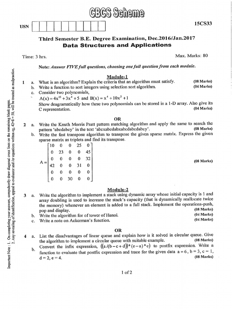 VTU Question Paper of 15CS33 Data Structures and Applications (III Sem B.E.) December 2016 | PDF