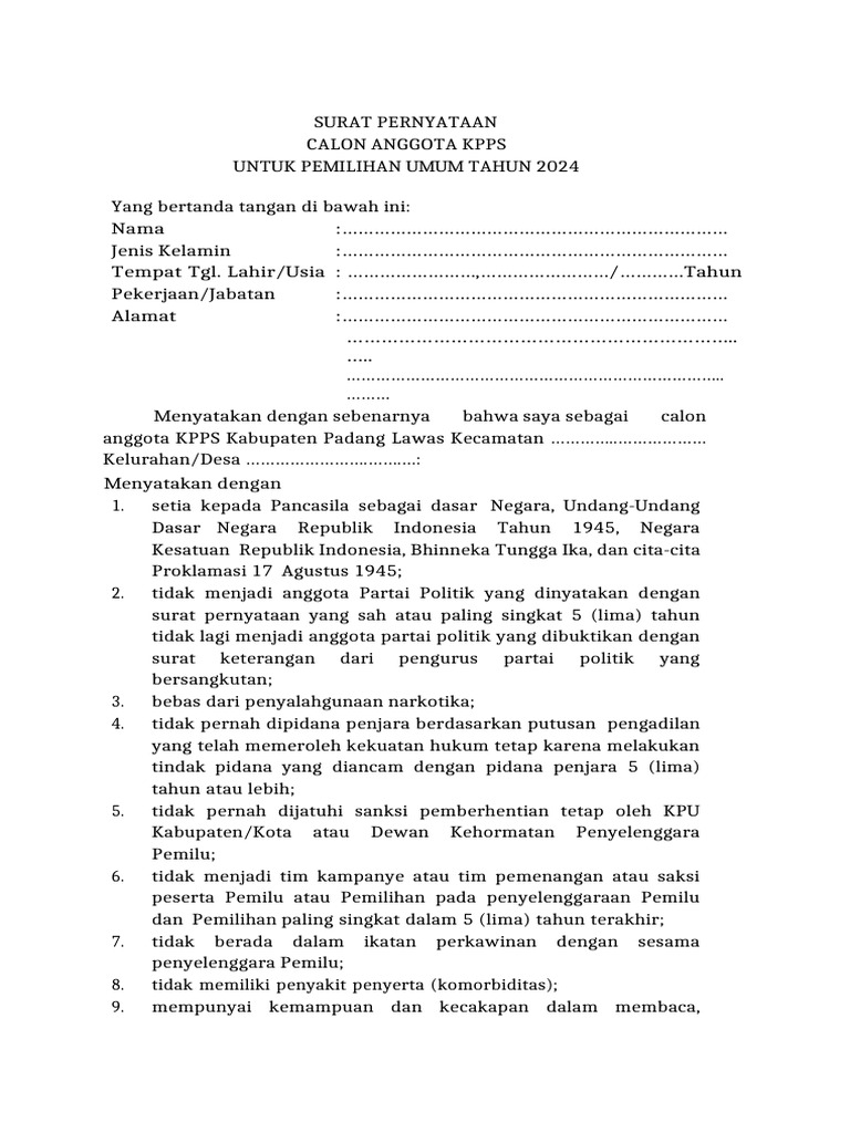 Surat Pernyataan KPPS | PDF