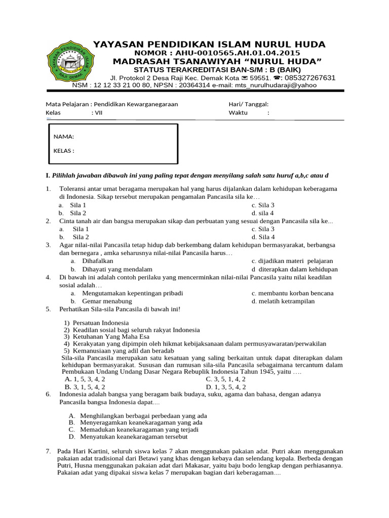 Soal PHN PKN Kls 7 GNP 2024 | PDF | Politics Of Indonesia | Indonesia