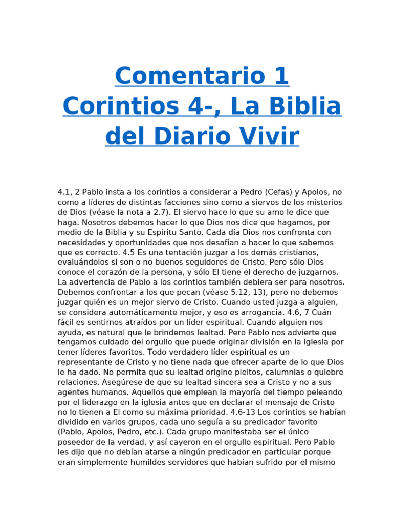 Comentario 1 Corintios 4-, La Biblia Del Diario Vivir | PDF