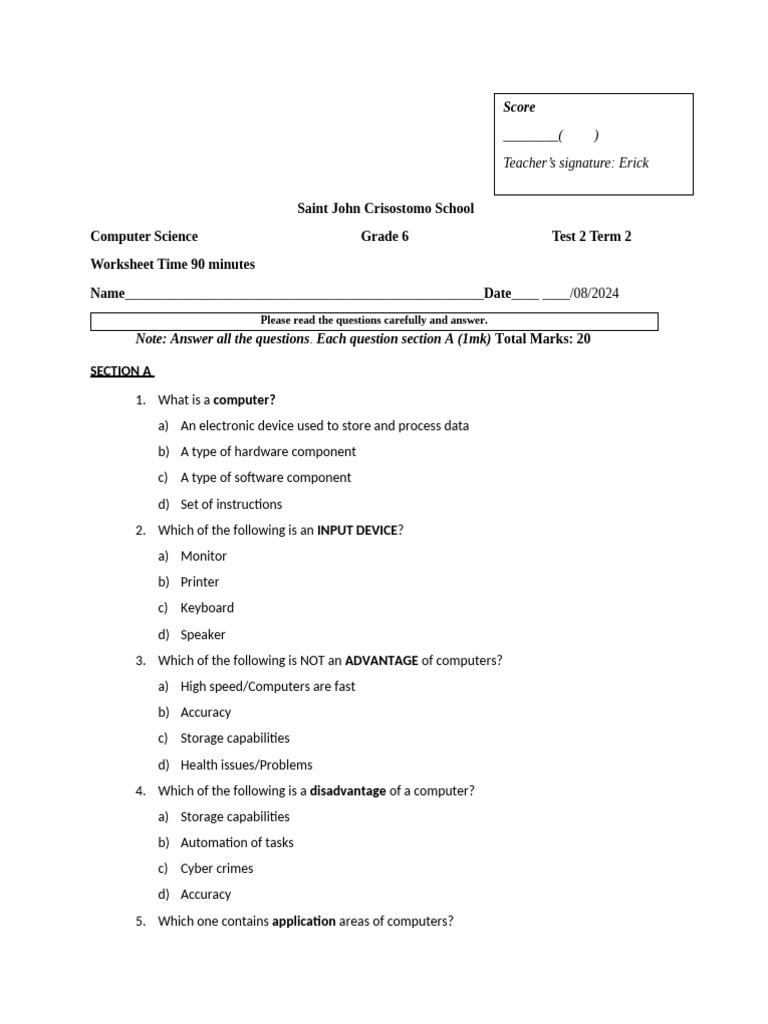 Test 2 - Grade 6 | PDF