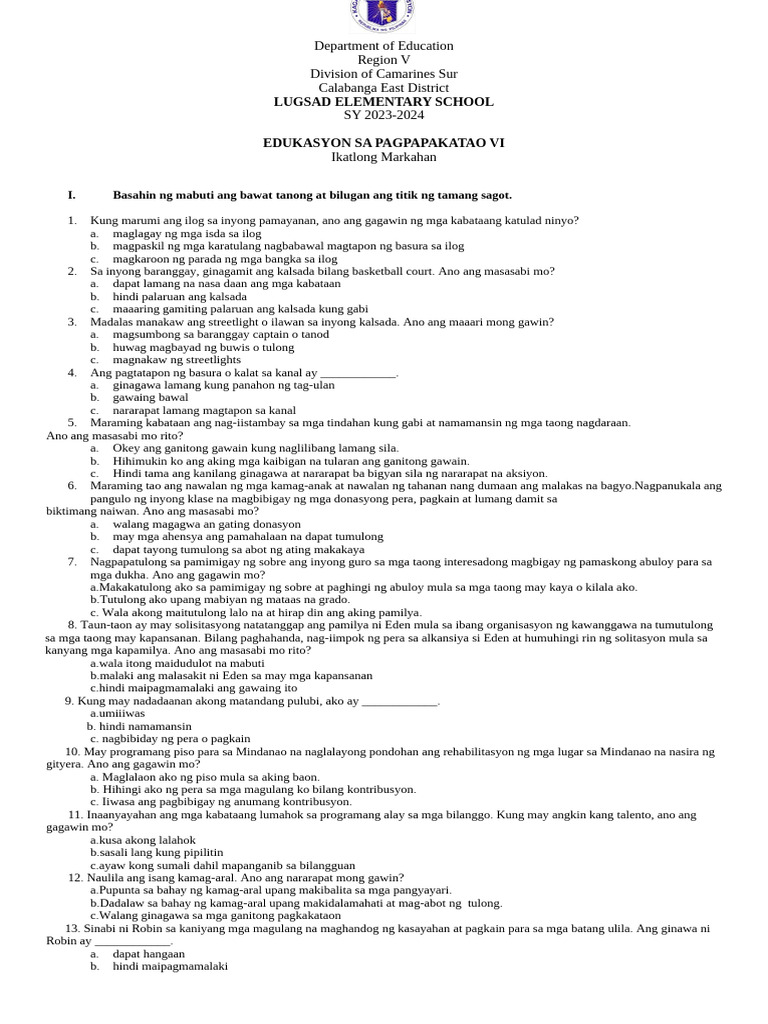 ESP 6 3rd Exam | PDF