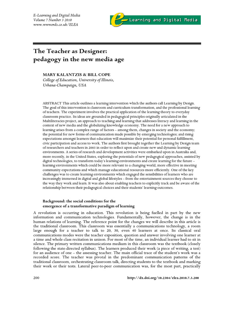 Kalantzis Cope 2010 The Teacher As Designer Pedagogy in The New Media ...