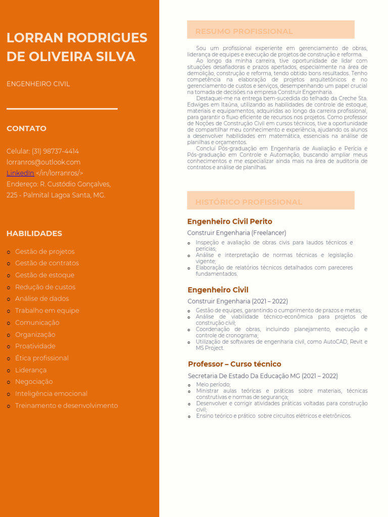 CV - Lorran Rodrigues 072024 | PDF | Engenharia Civil | Engenharia
