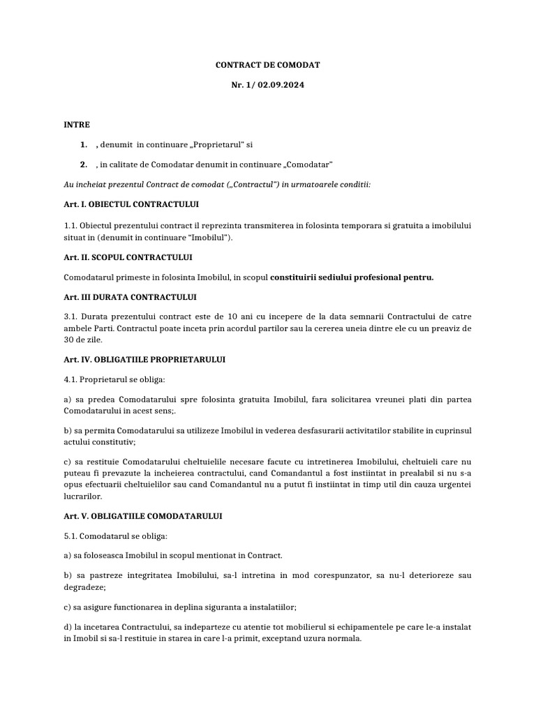 Contract de Comodat Britplay SRL | PDF