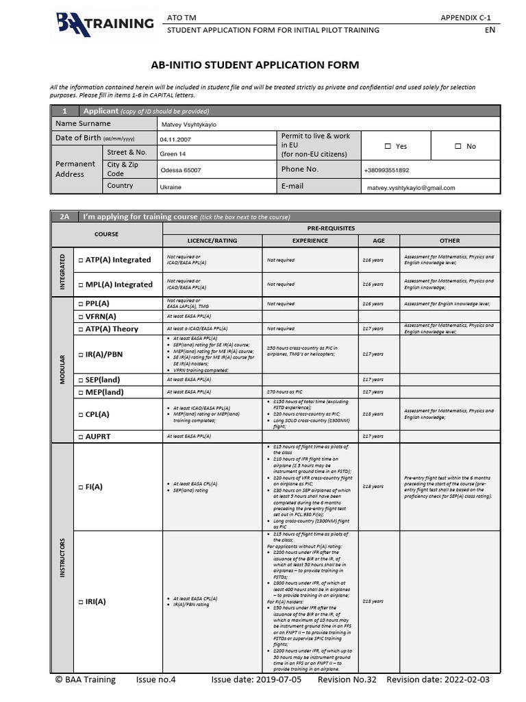 Appendix C - Ab Initio Student Registration Form - Rev46 - 20230517 | PDF