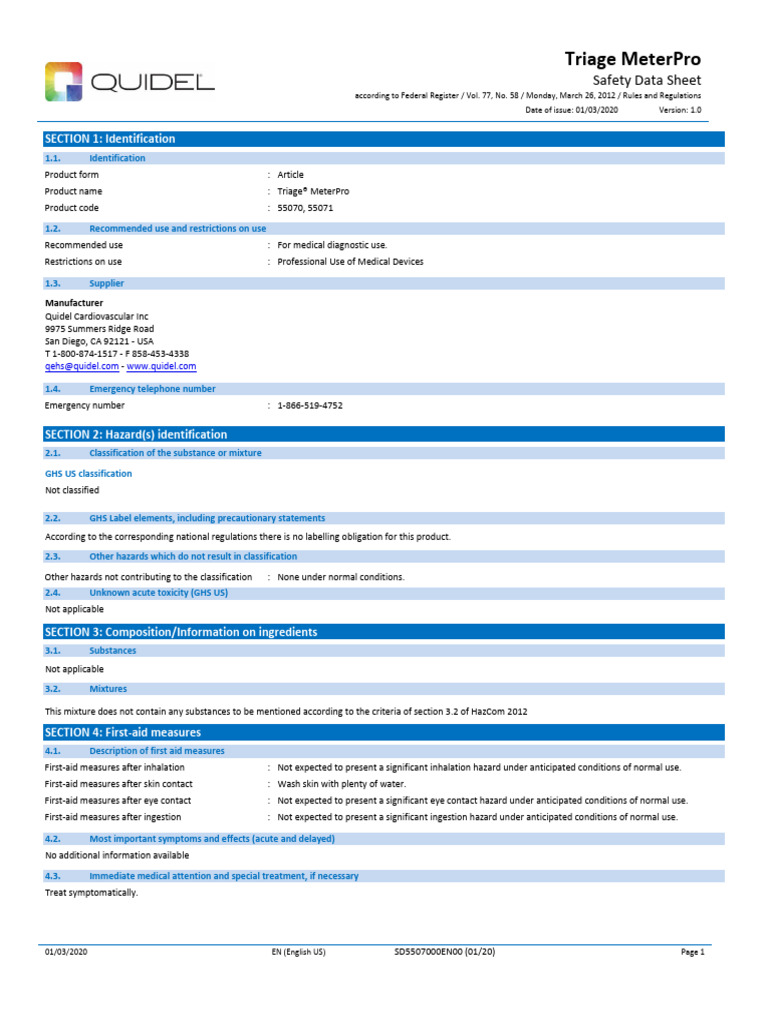 Quidel Triage MeterPro MSDS | PDF