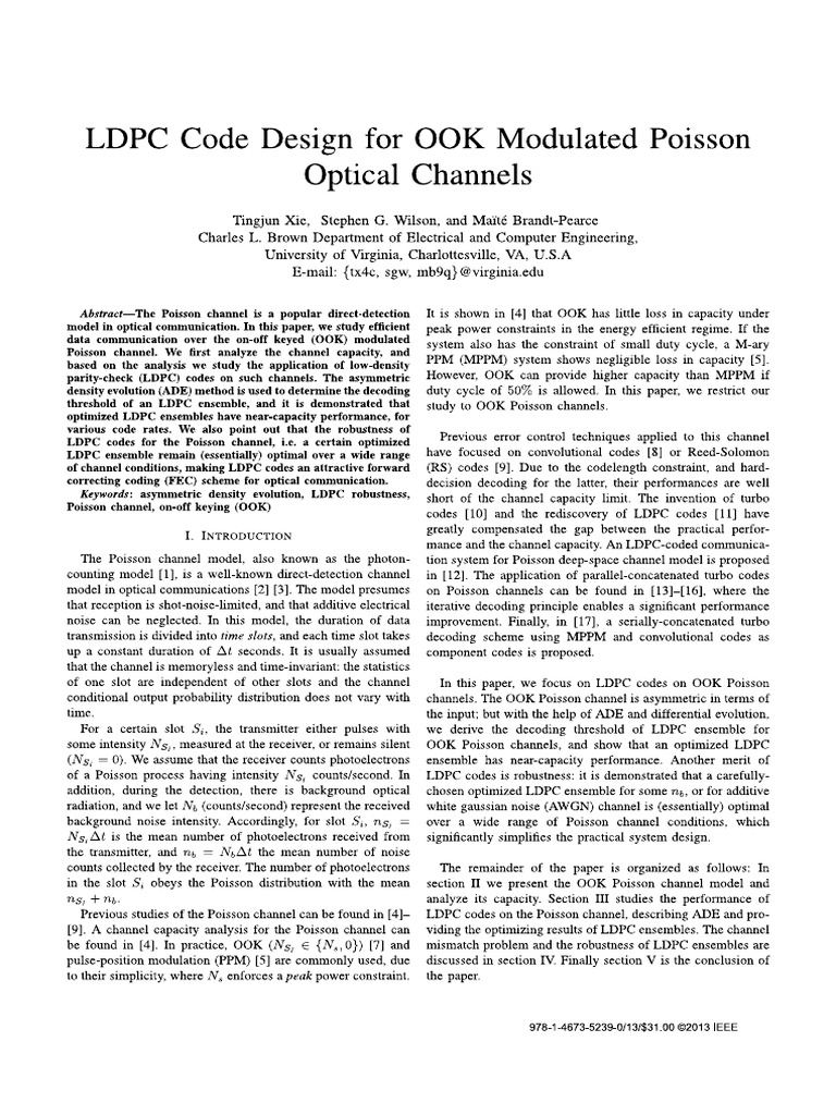 LDPC Code Design For OOK Modulated Poisson Optical Channels | PDF