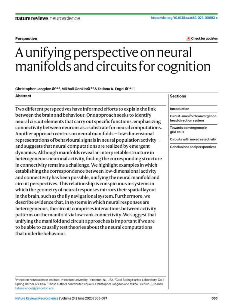A unifying perspective on neural manifolds and circuits for cognition | PDF