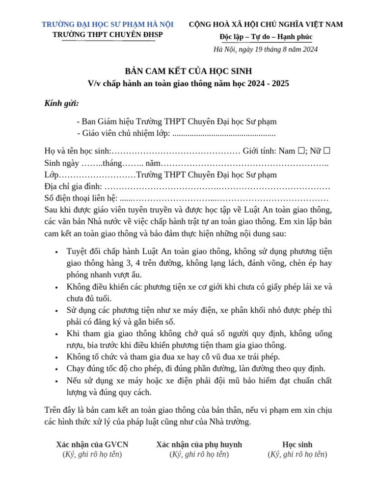 Bản cam kết an toàn giao thông | PDF