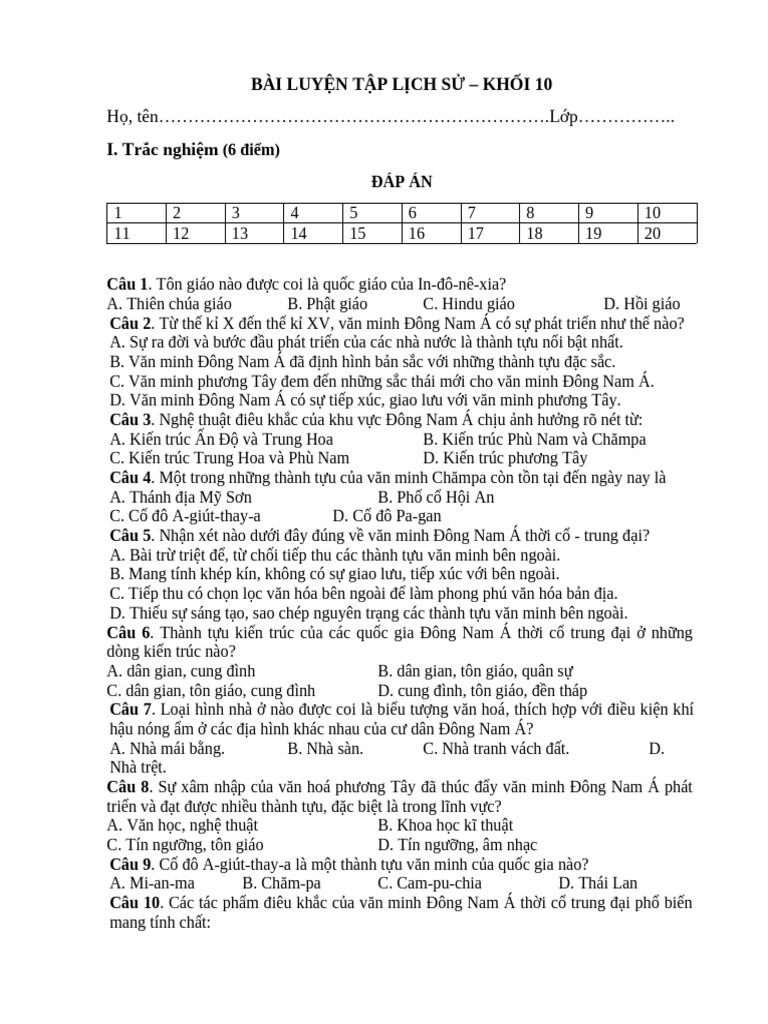 BÀI LUYỆN TẬP LỊCH SỬ K10 | PDF