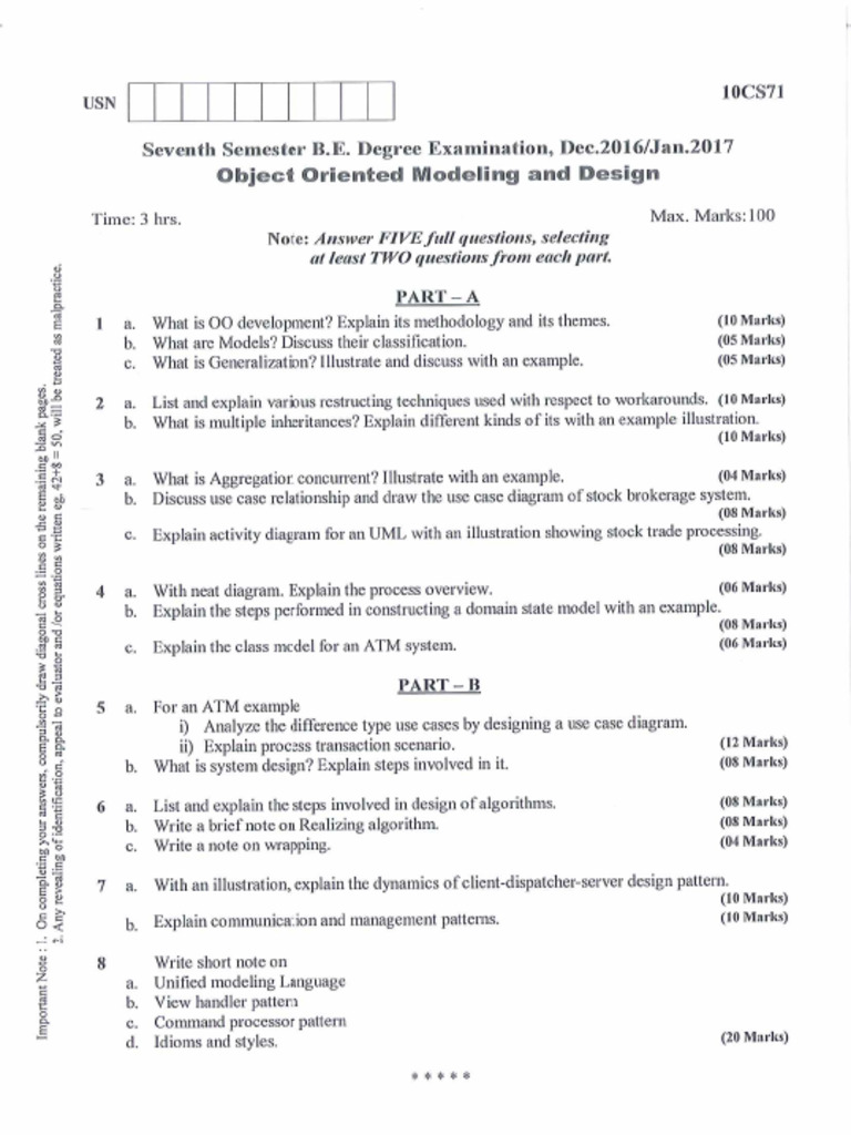 VTU Question Paper of 10CS71 Object Oriented Modeling and Design (VII Sem B.E.) December 2016 | PDF
