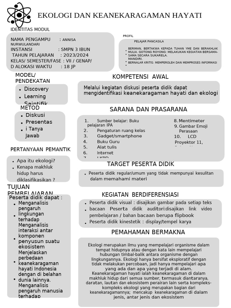 MODUL AJAR Ekologi Dan Keanekaragaman Hayati | PDF