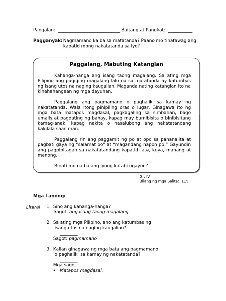Grade 4 Filipino Reading Comprehension Materials | PDF