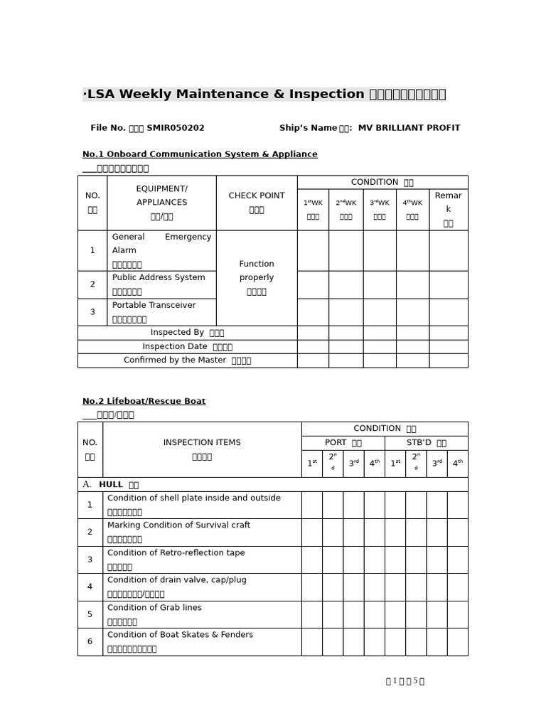 SMIR050202-LSA Weekly Maintenance & Inspection 救生设备每周检查保养 | PDF ...