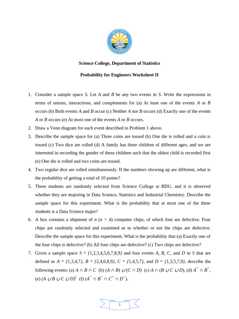Probability For Engineers Worksheet II | PDF