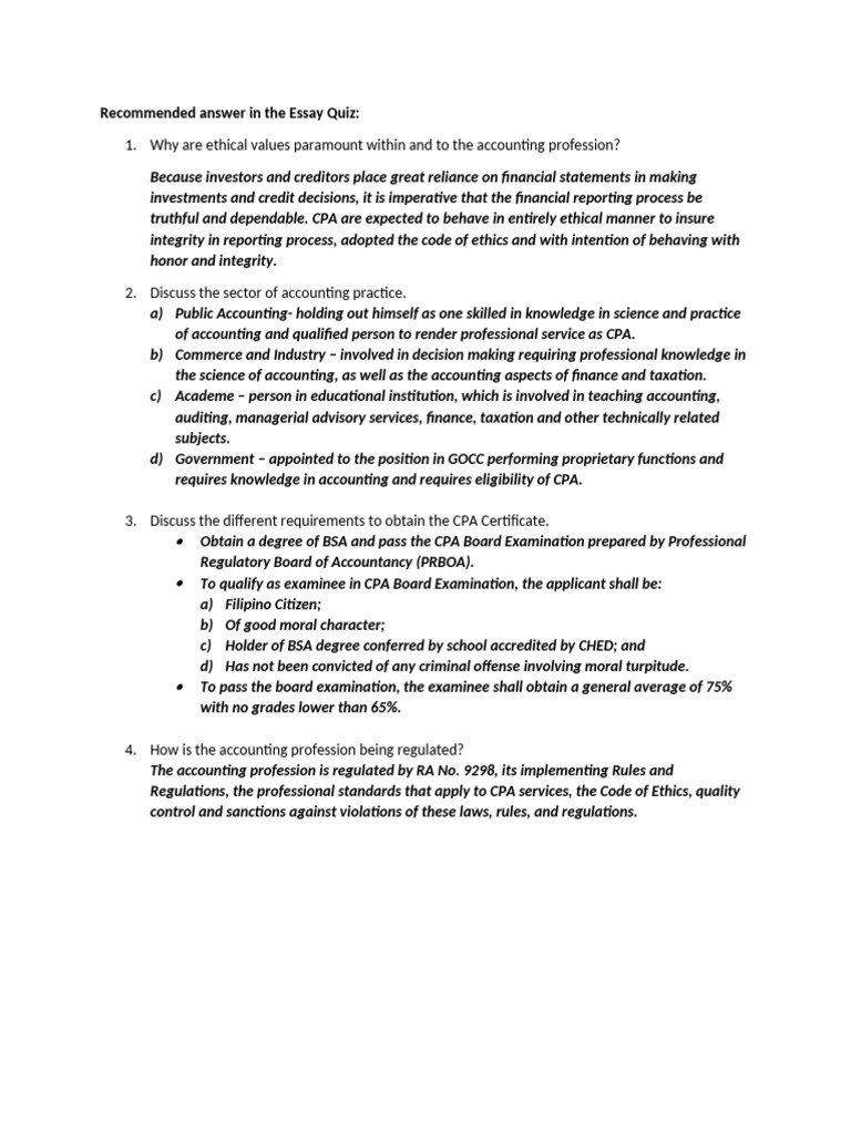 Recommended Answer in The Essay Quiz 1 | PDF