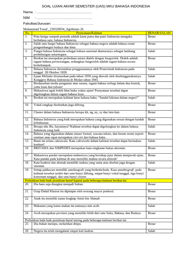 Soal Uas Mku Bahasa Indonesia | PDF