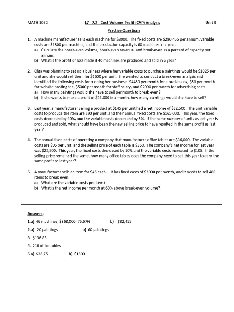 7) L6 - 7.2 - Cost-Volume-Profit (CVP) Analysis Practice | PDF
