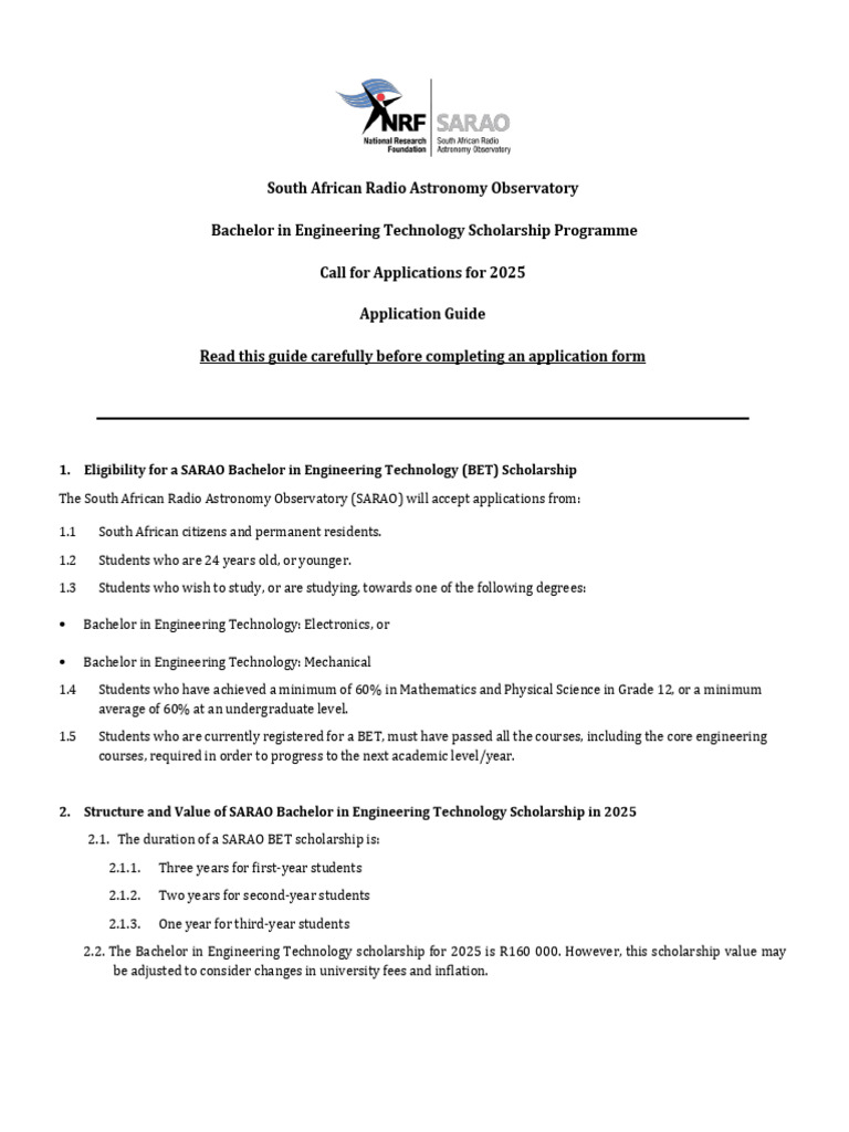 SARAO - HCD - Bachelor in Engineering Technology Programme - 2025 Application Guide | PDF