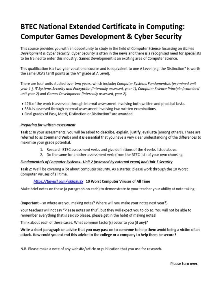 BTEC National Extended Certificate in Computing: Computer Games Development & Cyber Security | PDF
