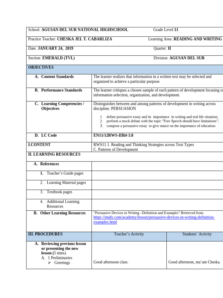 Lesson Plan Persuasive Essay | PDF