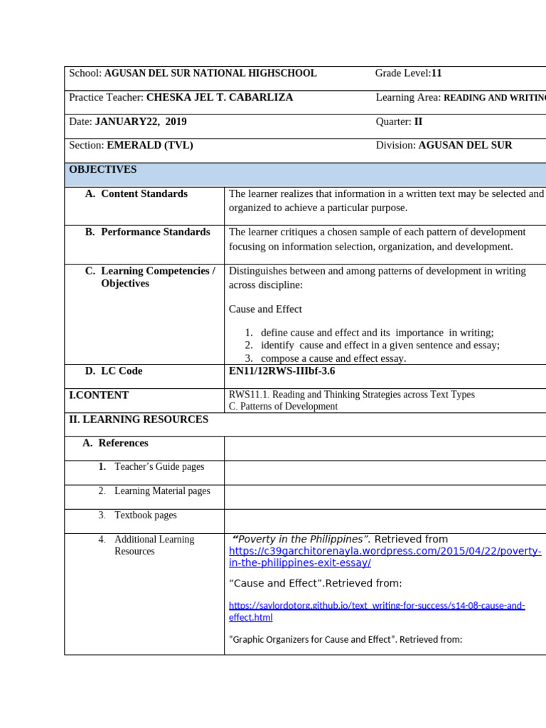 LESSON PLAN - Cause and Effect | PDF