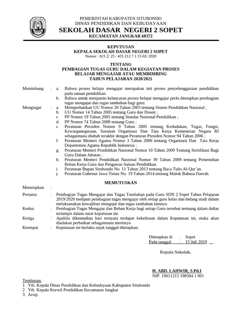 SK tugas mengajar 2020 | PDF