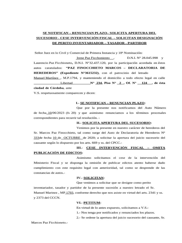 TP 4 - Modelo de Escrito de Apertura Del Sucesorio, Inventario y Avalúo, y Cuenta Particionaria ...