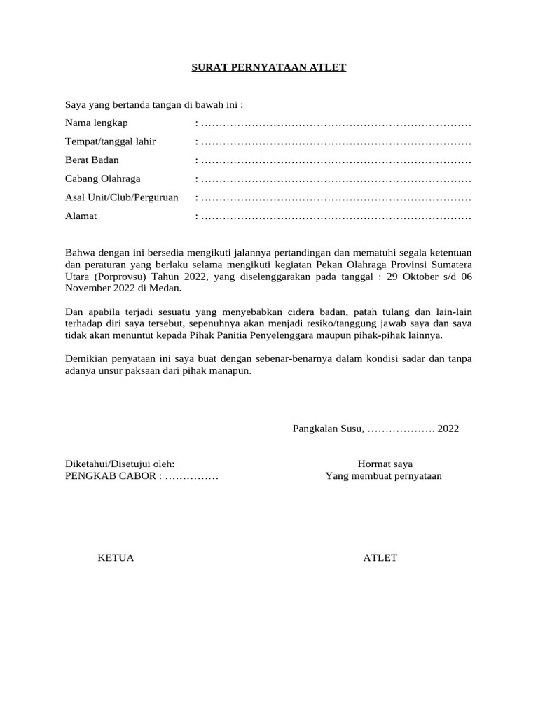 Surat Pernyataan Atlet | PDF