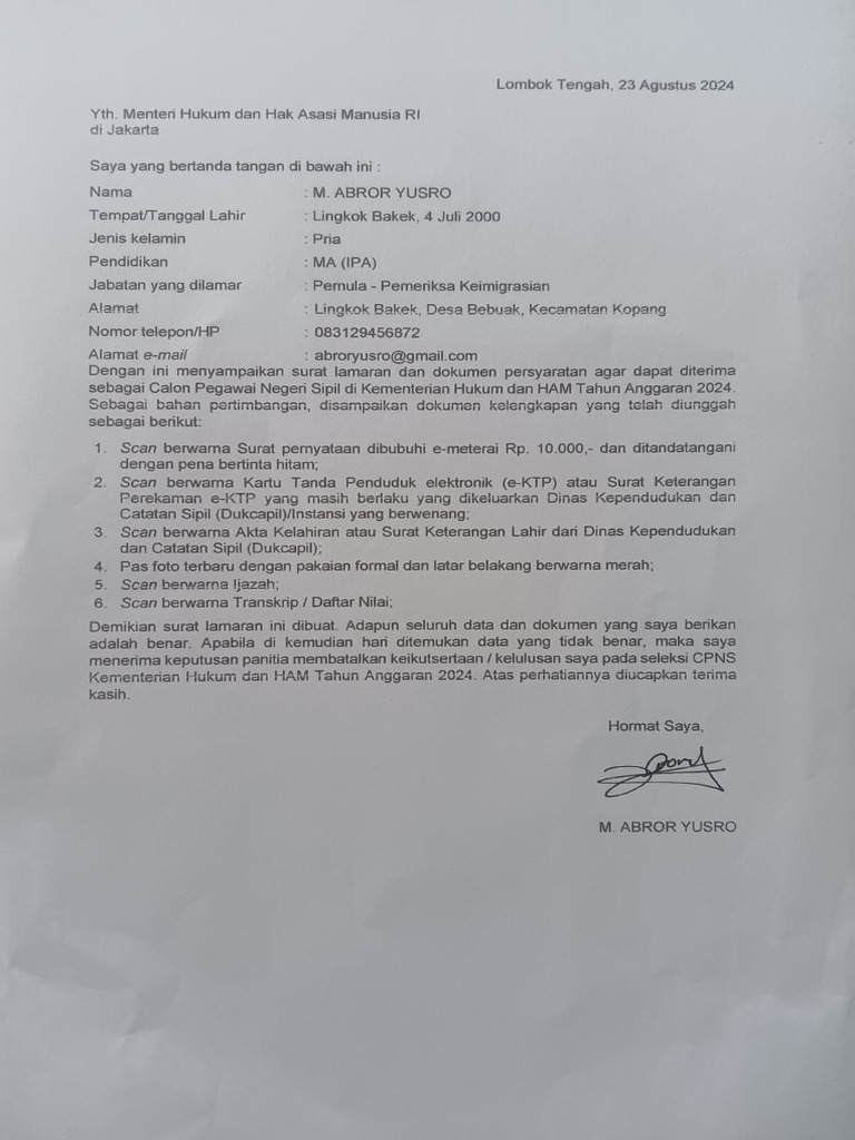 Surat Lamaran (M. Abror Yusro) | PDF
