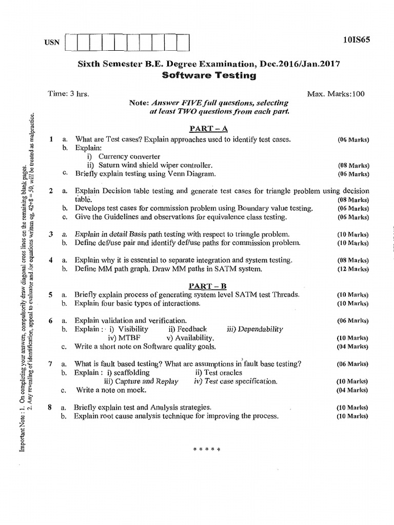 VTU Question Paper of 10IS65 Software Testing (VI Sem B.E.) December ...