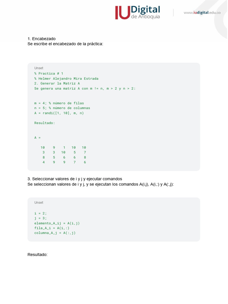 Práctica - Matrices en Octave | PDF