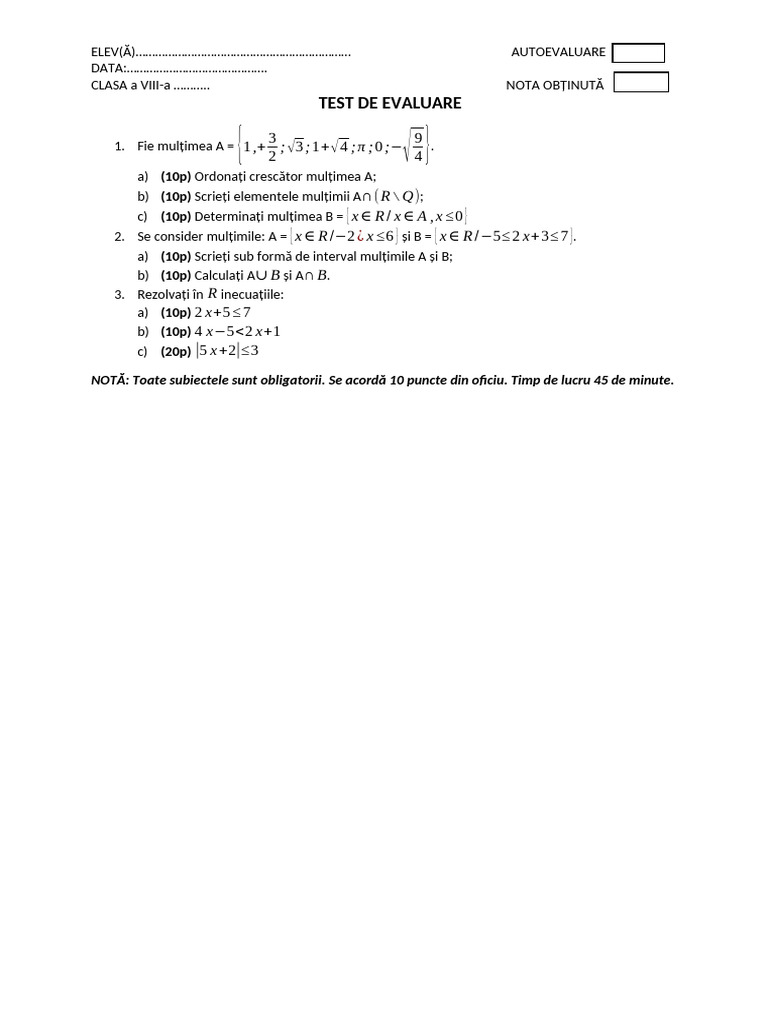 TEST DE EVALUARE_8_NR. REALE_INTERVALE_INECUAȚII | PDF