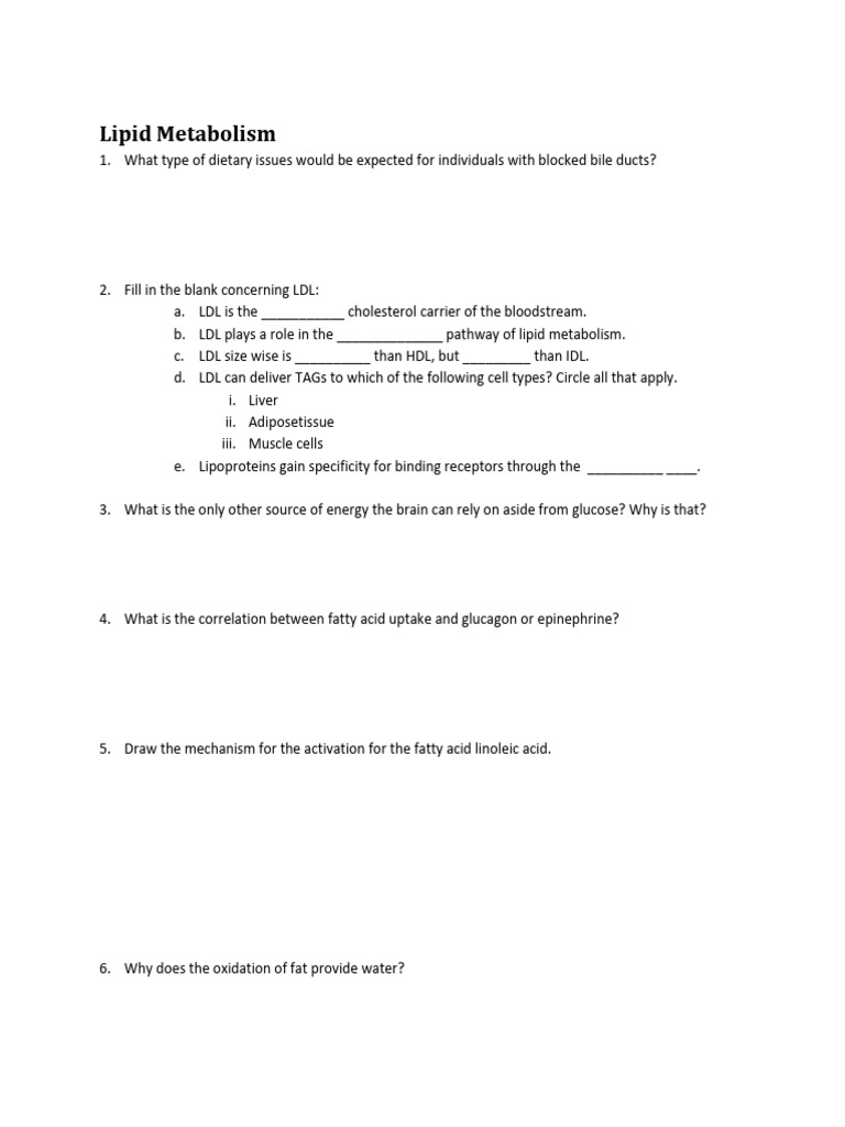 9 - Lipid Metabolism Questions | PDF
