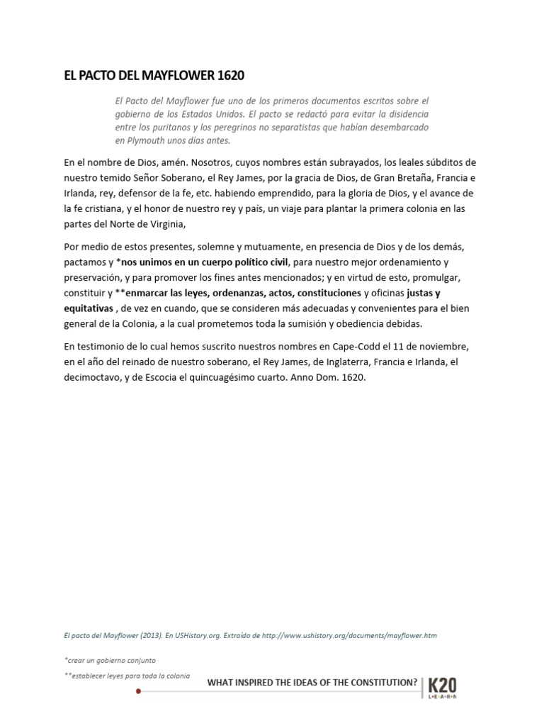 The Mayflower Compact 1620 with Annotations - Spanish | PDF
