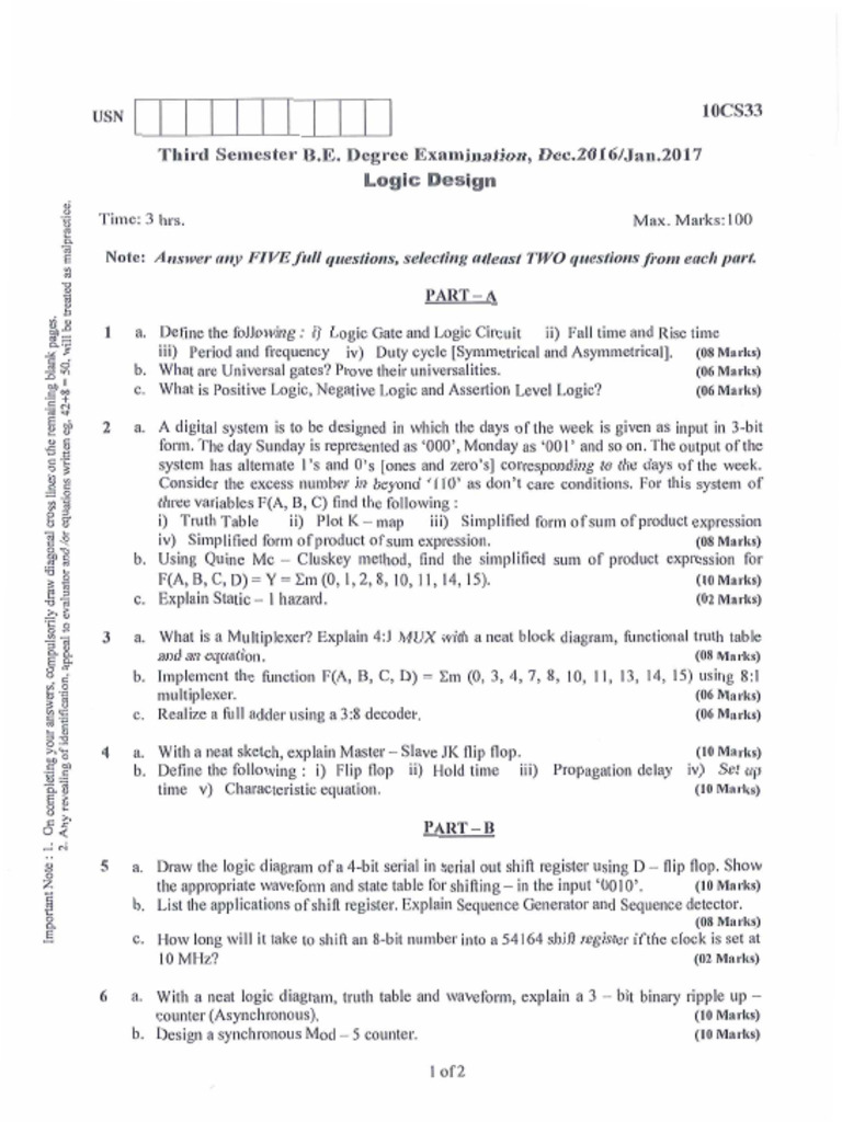 VTU Question Paper of 10CS33 Logic Design (III Sem B.E.) December 2016 ...