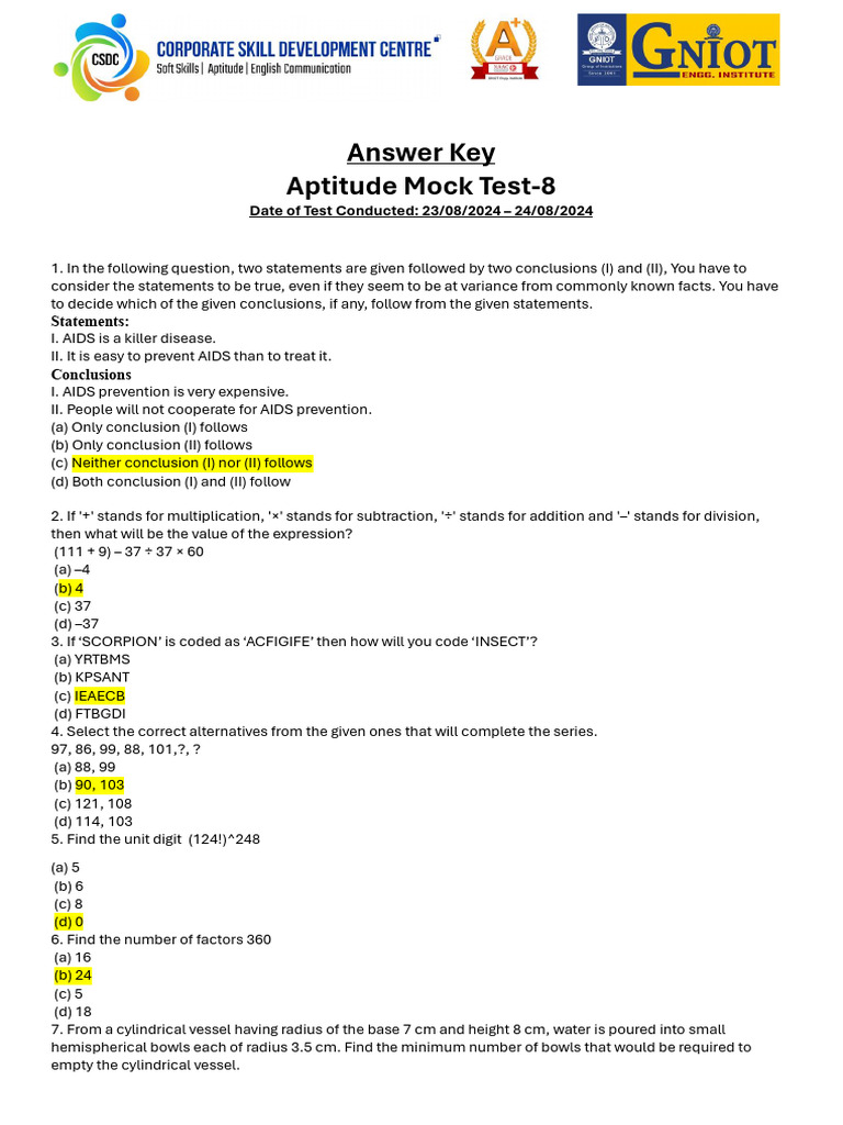 Aptitude Mock Test-8 Answer Keys | PDF