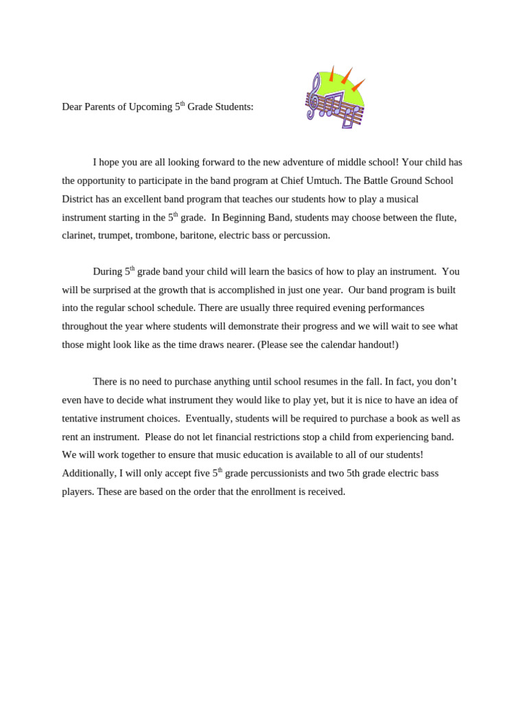 5th Grade Band Enrollment Letter - Back To School | PDF