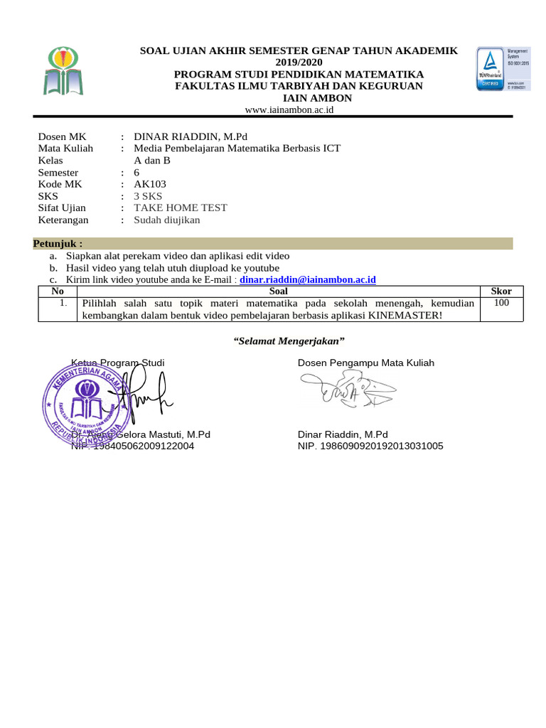 Salinan Soal Uas Dinar Prodi Matek | PDF