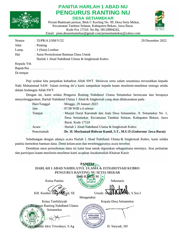 Surat Permohonan Bantuan Dana Untuk HARLAH 1 ABAD NU (Individu) Rev1 | PDF