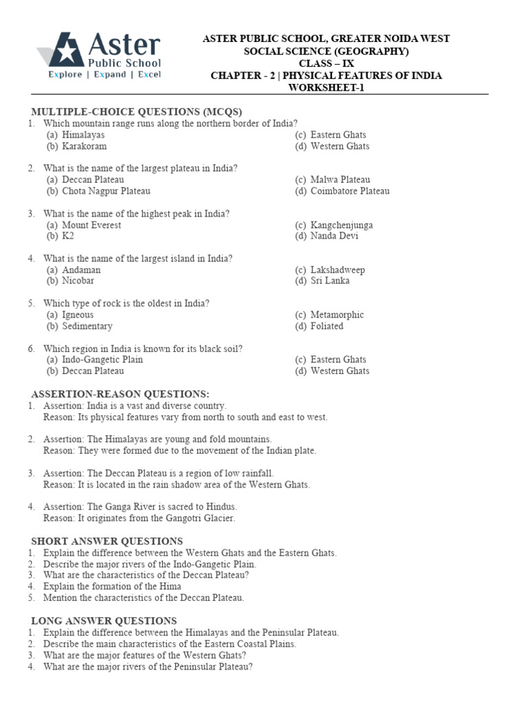 Physical Features of India - Class-9 - Worksheet - 1 - New | PDF