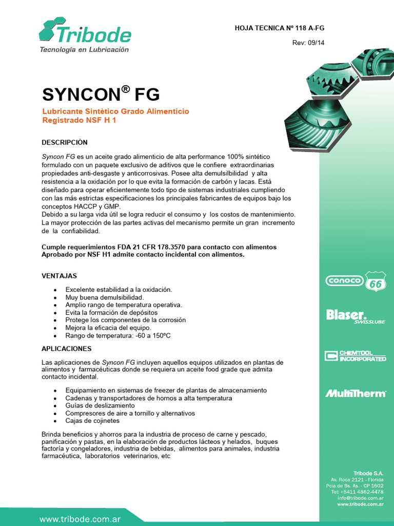 Tribode - Aceite SYNCON FG OIL 32 & 68 | PDF