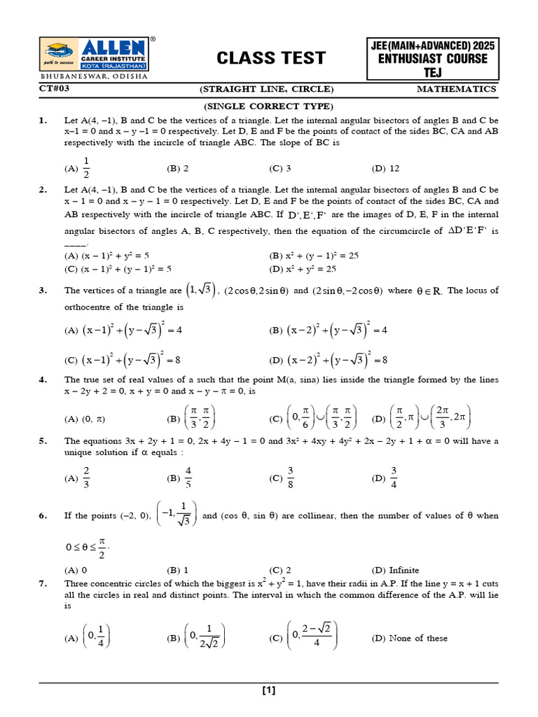 Class Test-03 - Straight Line, Circle-1 | PDF | Circle | Triangle