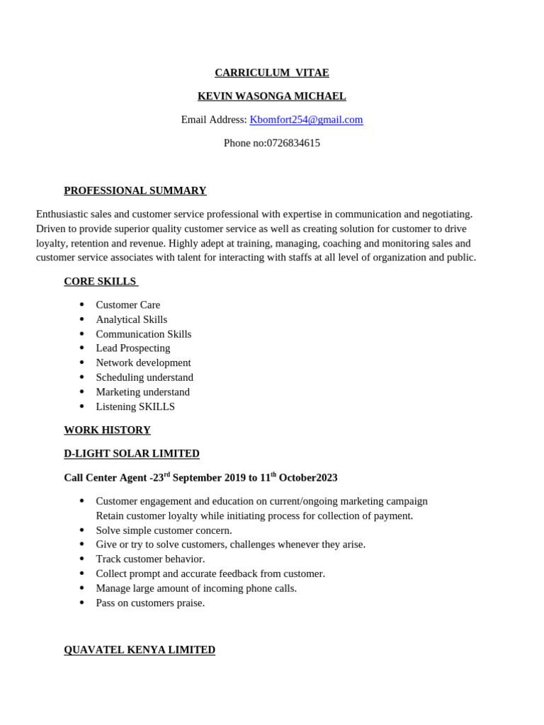 Kevin Wasonga Michael Cv-1 | PDF