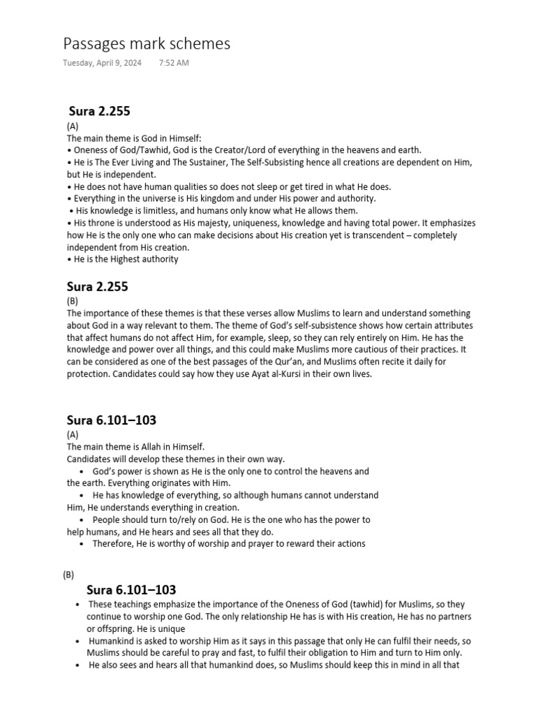 Passages Mark Schemes: Sura 2.255 | PDF